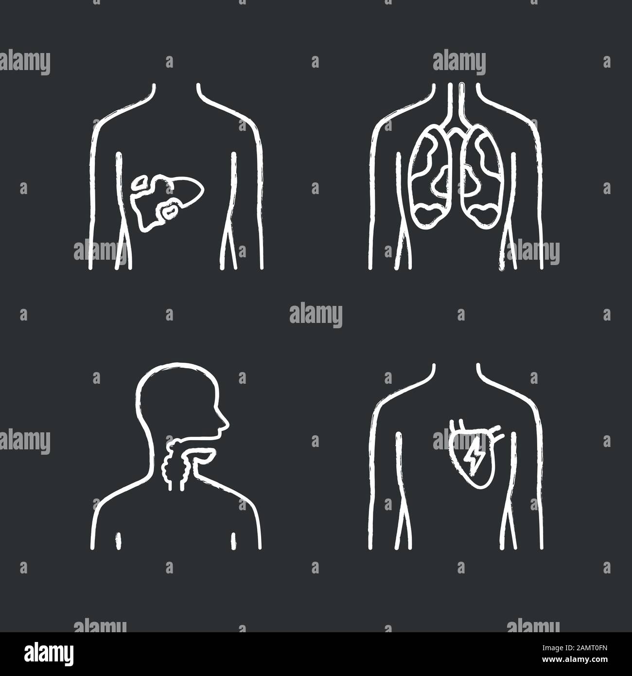Ill human organs chalk icons set. Sore liver and lungs. Aching throat ...