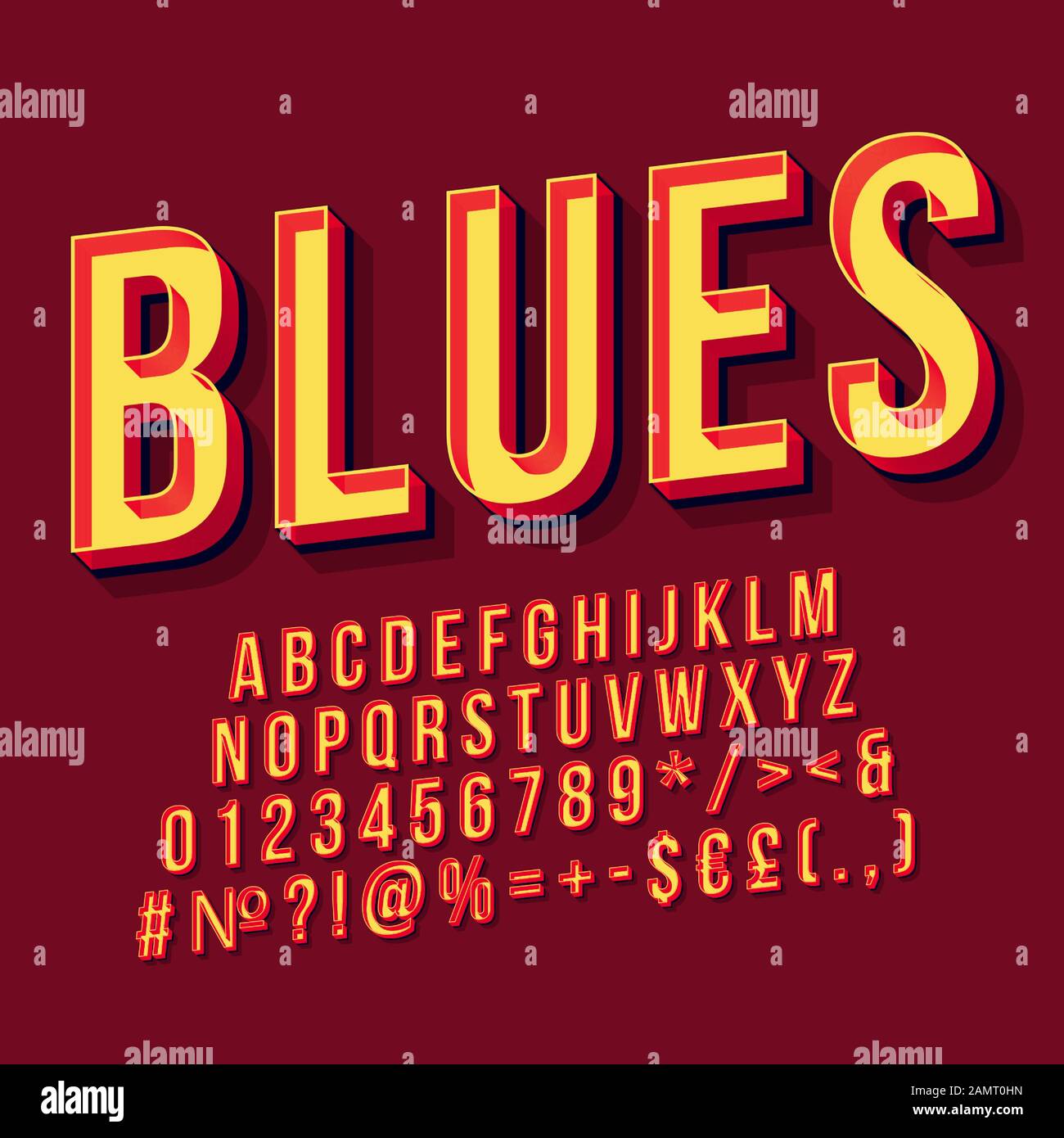 Blues vintage 3d vector lettering. Retro bold font, typeface. Pop art ...