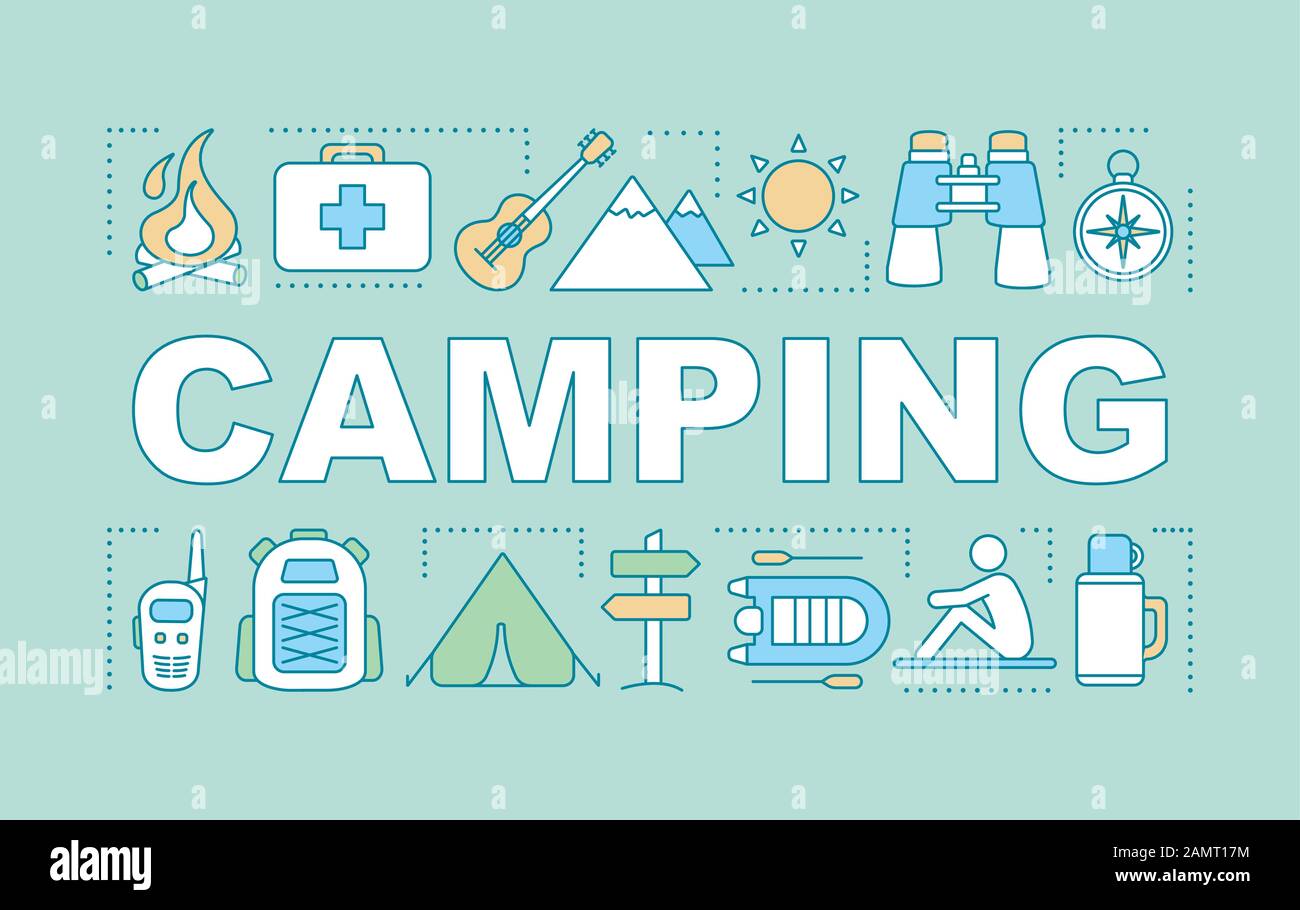 Camping word concepts banner. Family time together. Hiking. Overnight ...