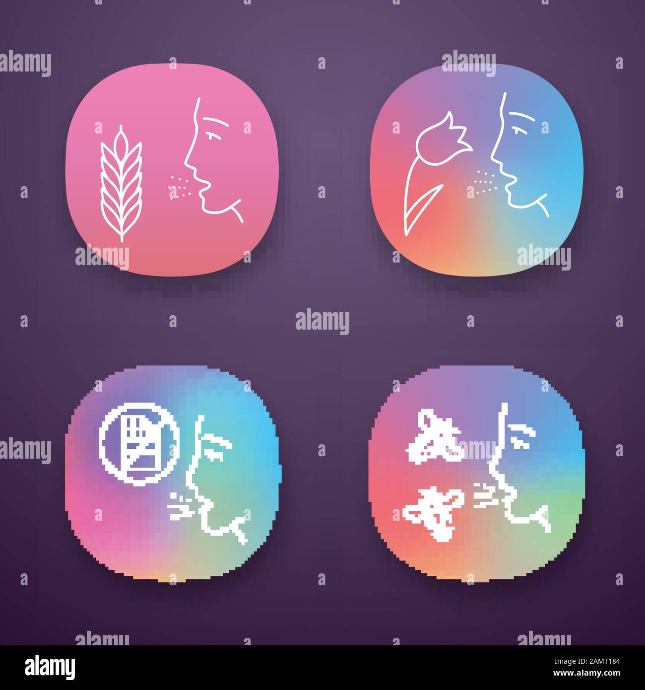 Allergies app icons set. Hay fever, allergy to food and insects stings ...