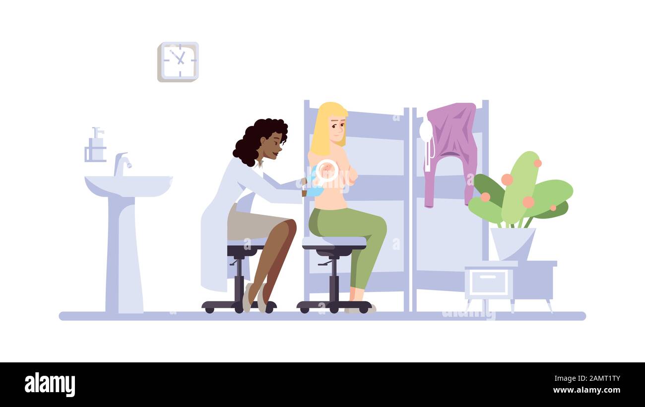 Visiting dermatologist flat vector illustration. Female patient, doctor ...