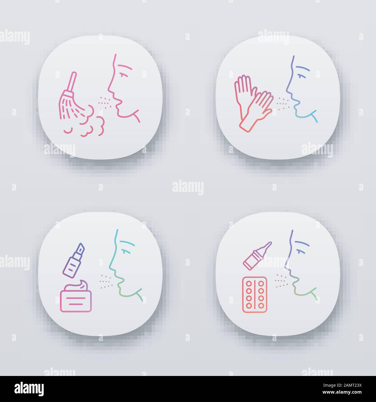 Allergies app icons set. Allergen sources and symptom treatment ...