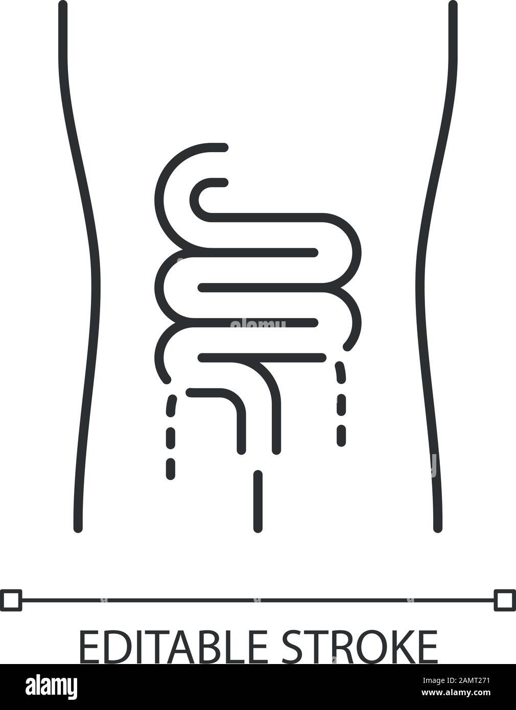 Ill intestines linear icon. Sore human organ. Unhealthy digestive ...