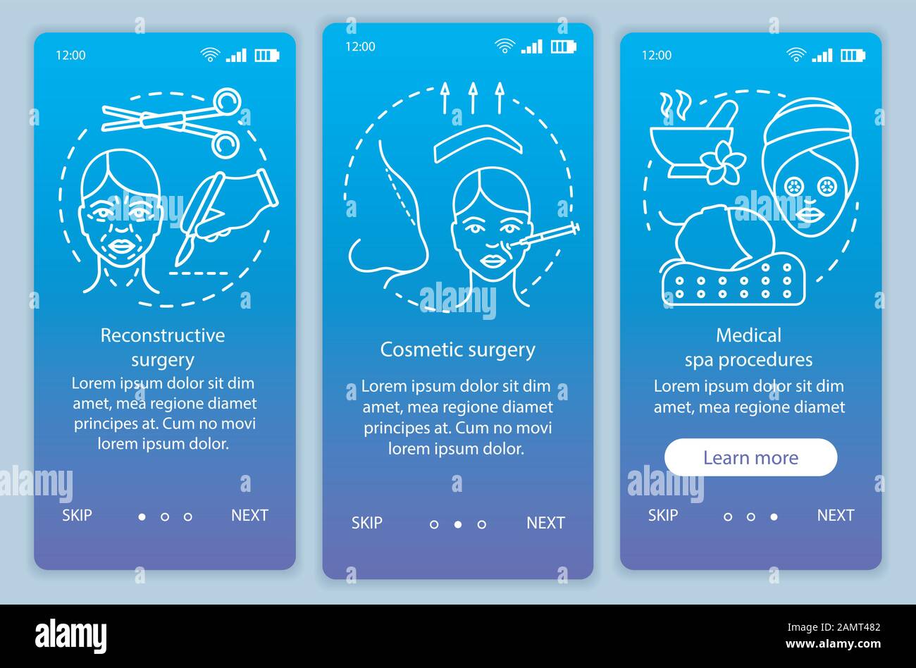 Surgical cosmetic procedures onboarding mobile app page screen vector ...