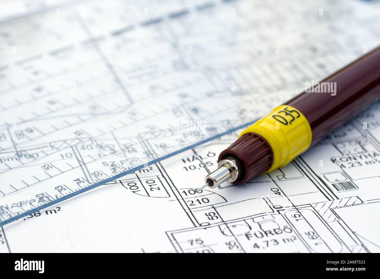 Technical drawing pens on a floor plan, blueprint Stock Photo - Alamy