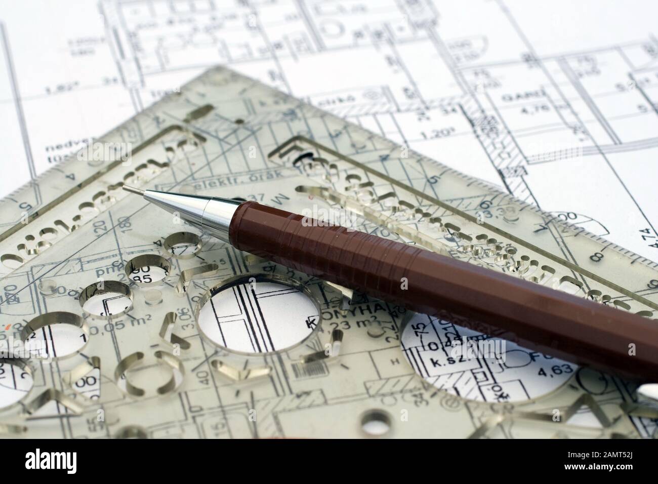 Architecture tools on a floor plan Stock Photo - Alamy