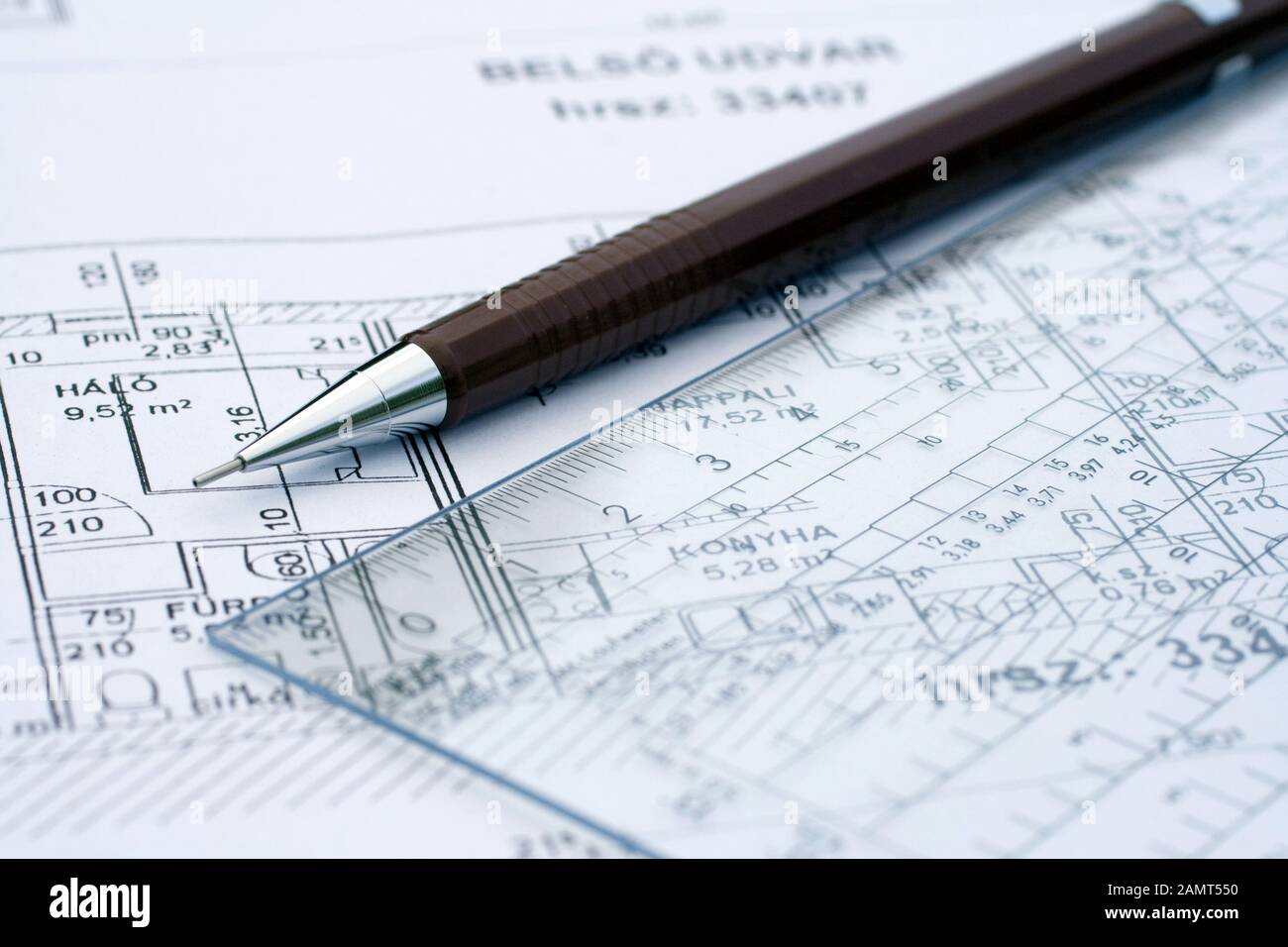 Architecture tools on a floor plan Stock Photo - Alamy