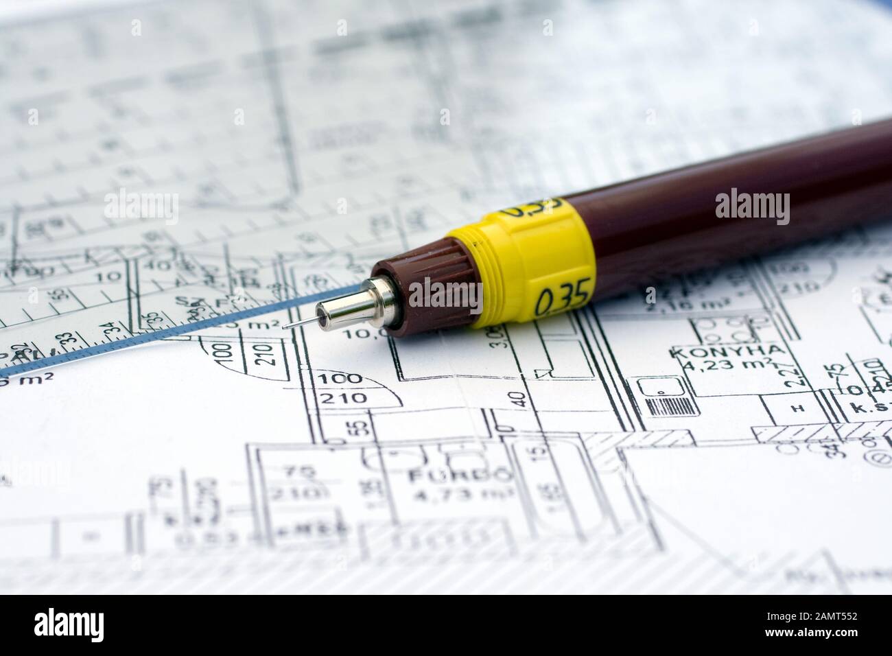 Technical drawing pens on a floor plan, blueprint Stock Photo - Alamy