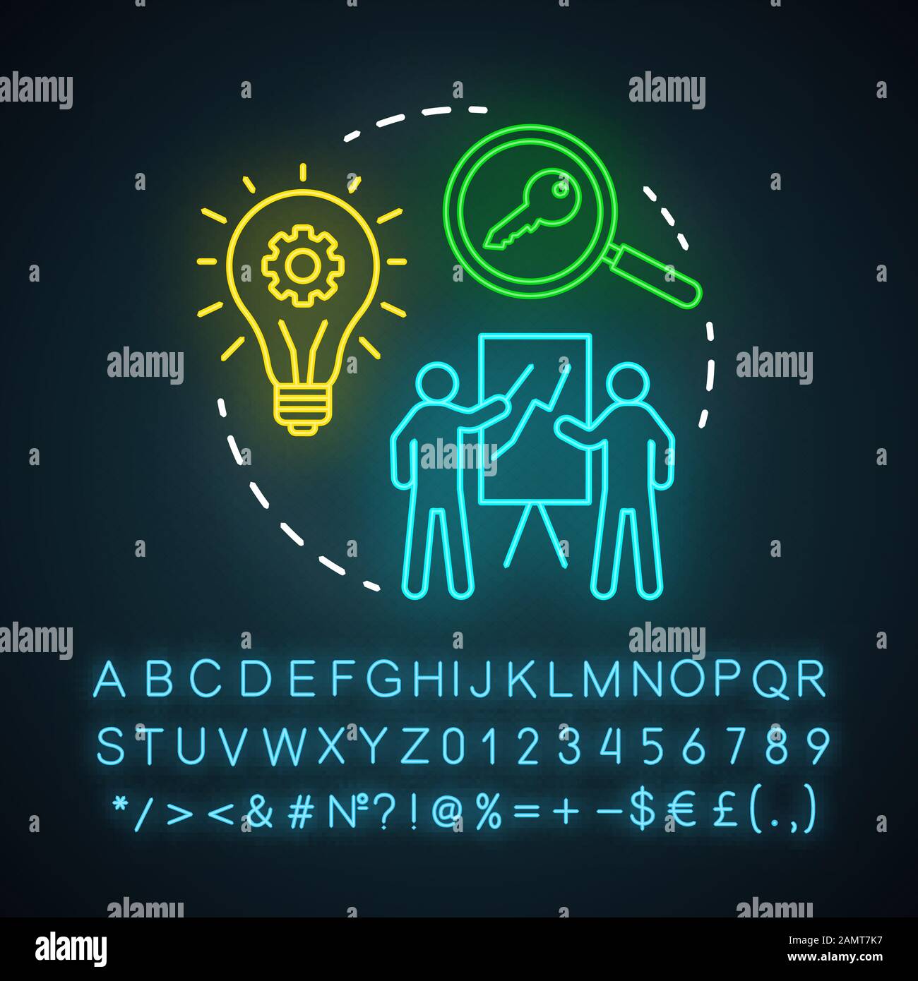 Case study neon light icon. Decision making content. Research method ...