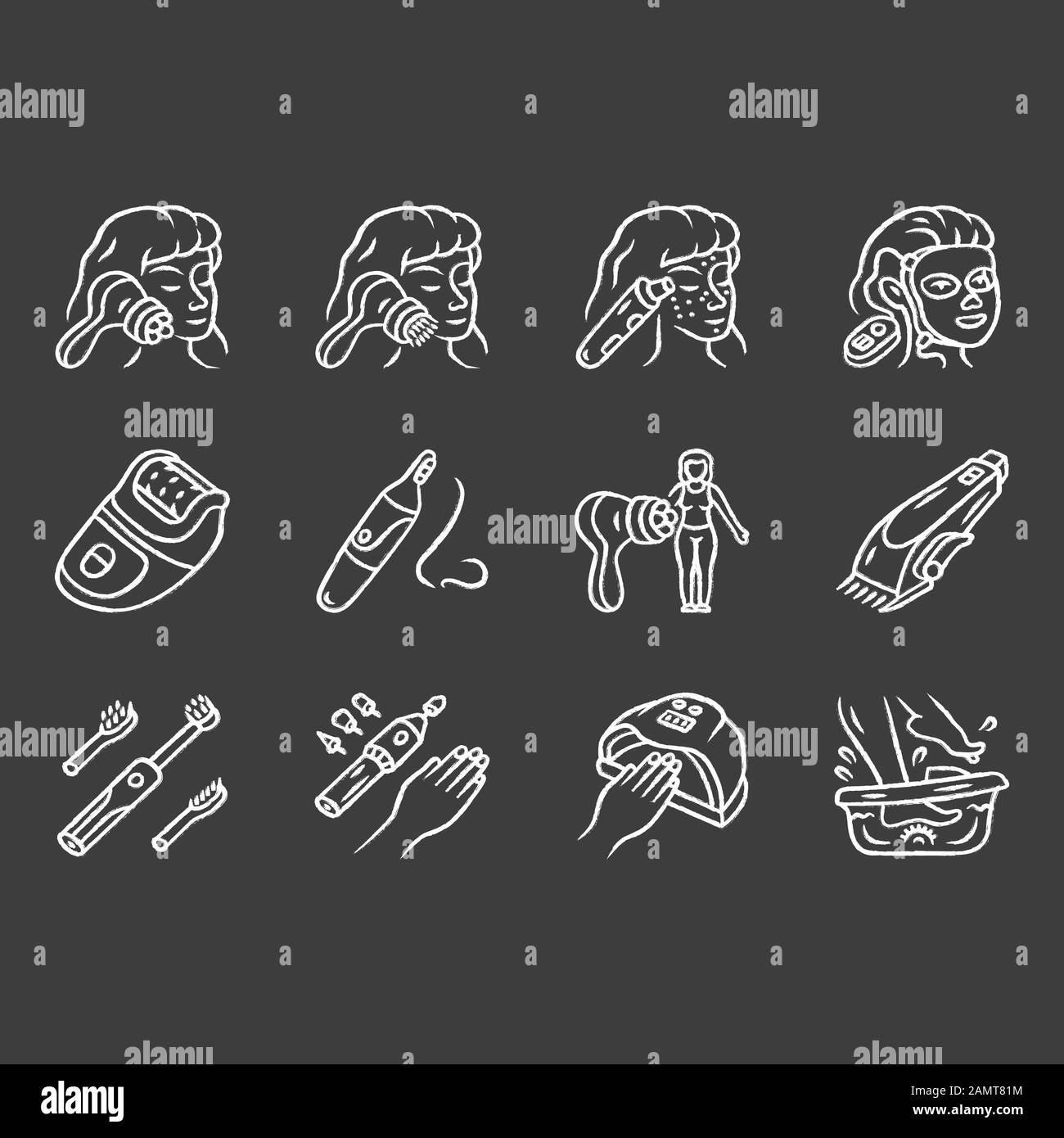 Beauty devices chalk icons set. Home, salon cosmetology procedures ...