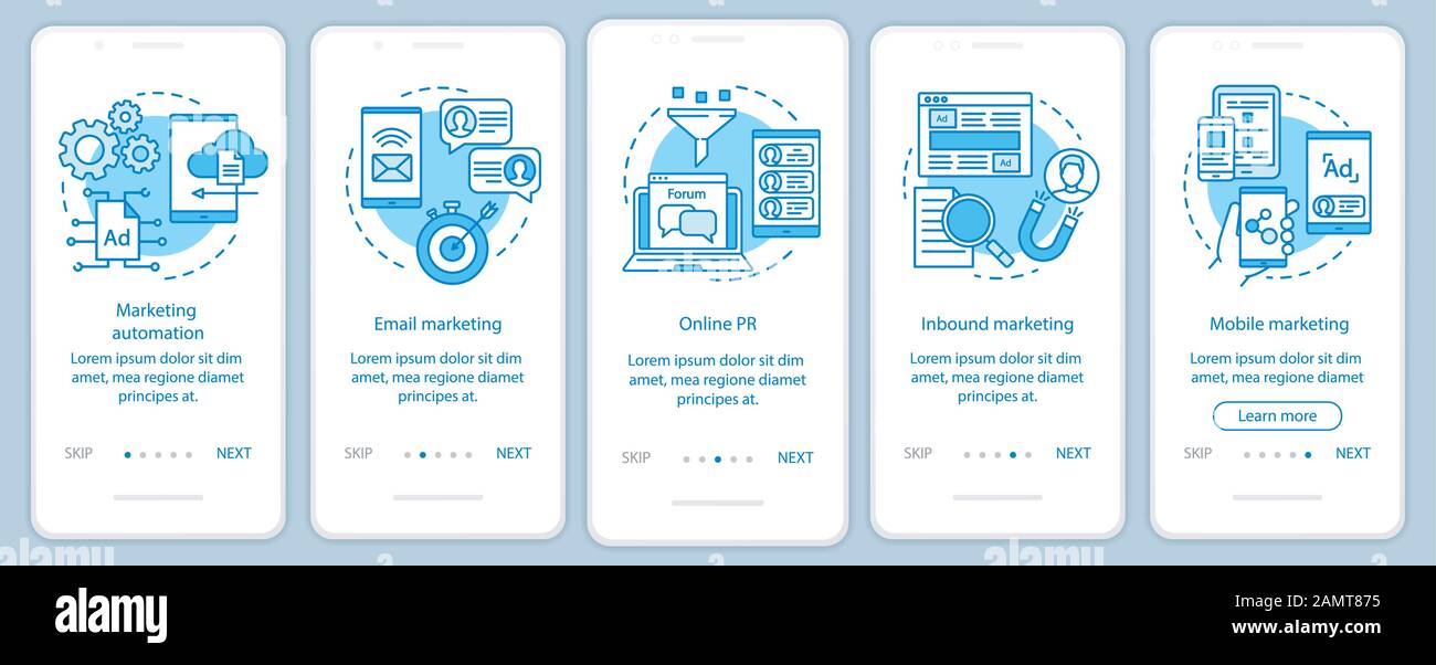 Digital marketing tactics blue onboarding mobile app page screen vector template. Advertising ...