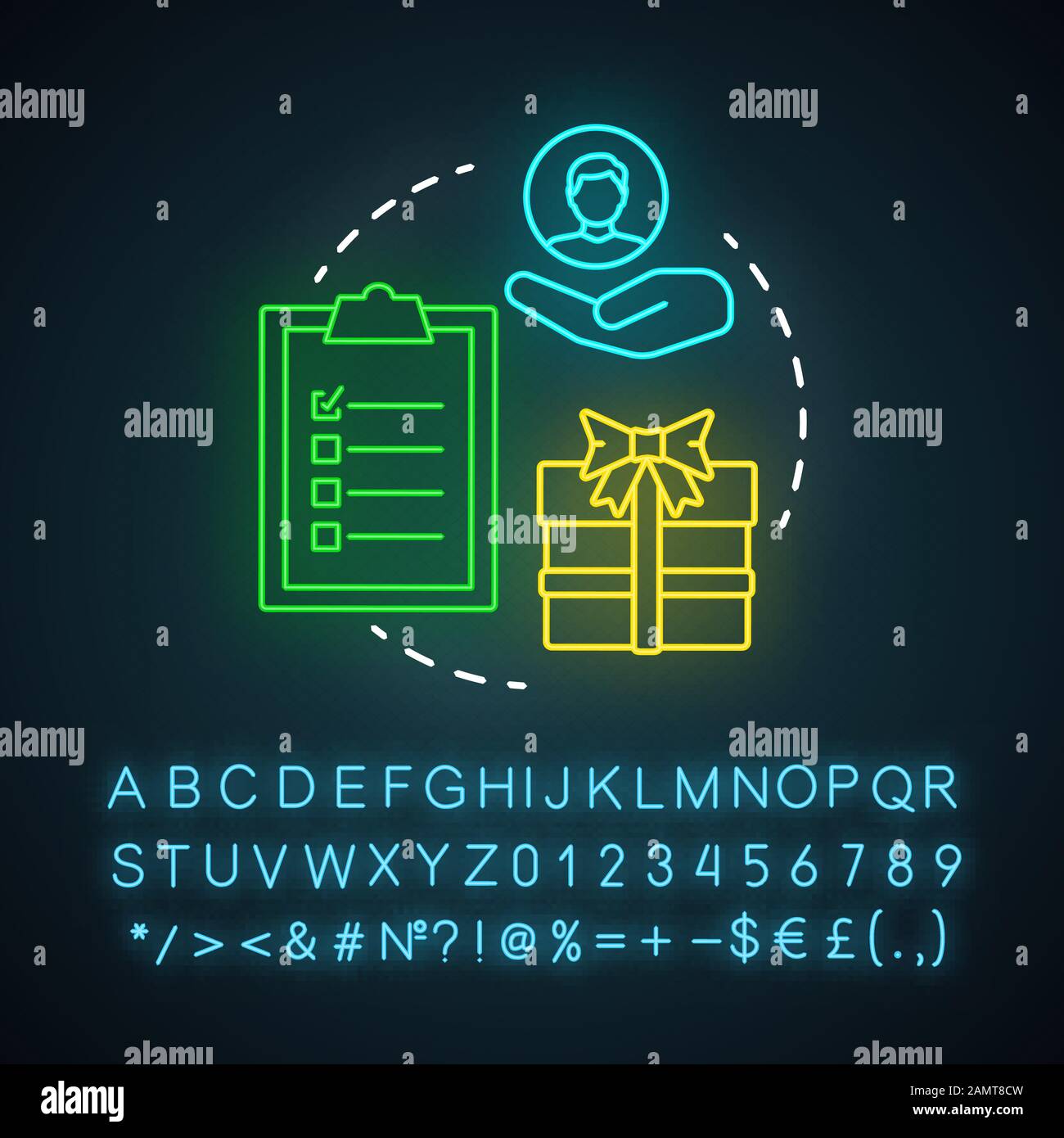 Loyalty programs neon light icon. Referral rewards. Decision making ...