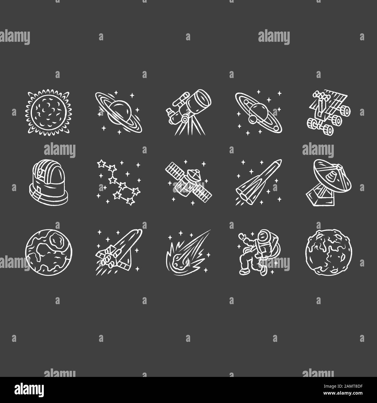 Astronomy chalk icons set. Space exploration. Astronomical observations ...