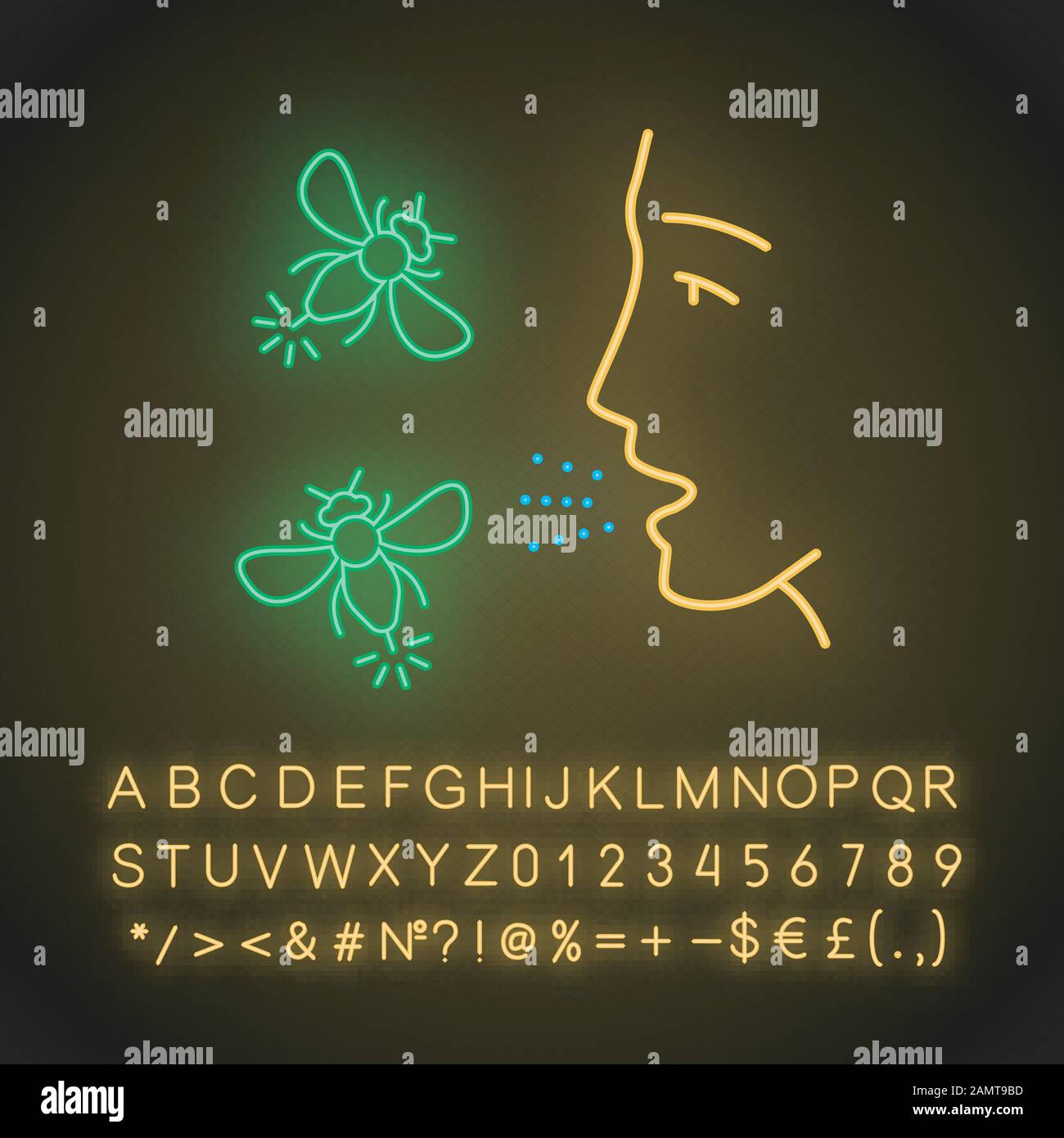 Allergies to insect stings app icon. Human face and flying insects ...