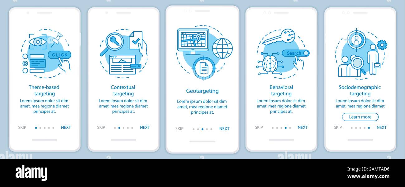Targeting types blue onboarding mobile app page screen vector template ...