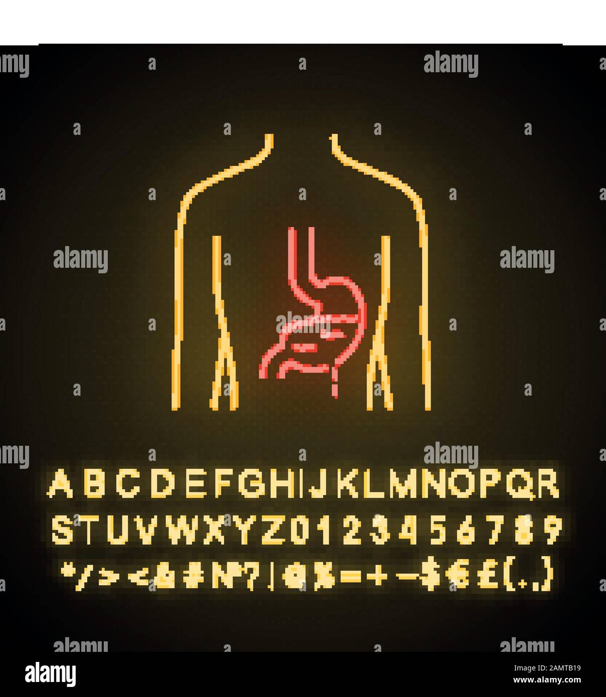 Ill stomach neon light icon. Gastritis. Sore human organ. Unhealthy ...