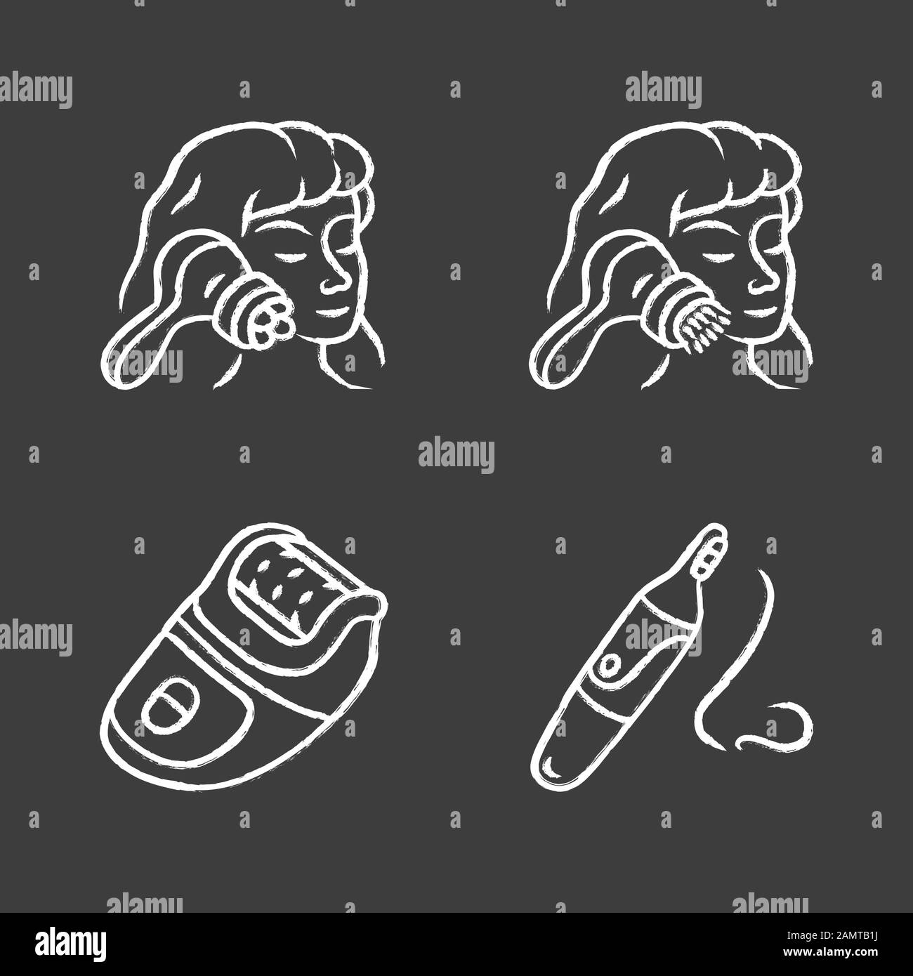 Beauty devices chalk icons set. Face massager, cleaning brush, epilator ...