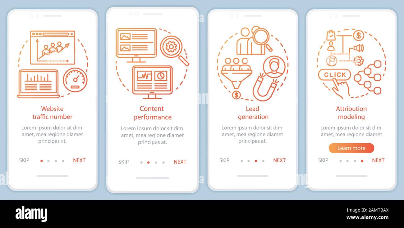 Digital marketing benefits orange onboarding mobile app page screen vector template. Walkthrough ...