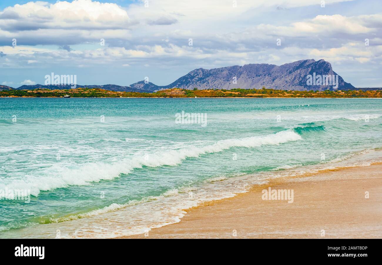 Landscape with Mediterranean Sea and Tavolara Island in Sardinia reflex ...