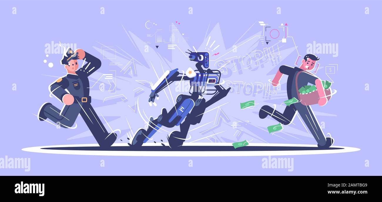 Robot police officer flat vector illustration. Human vs robotic ...