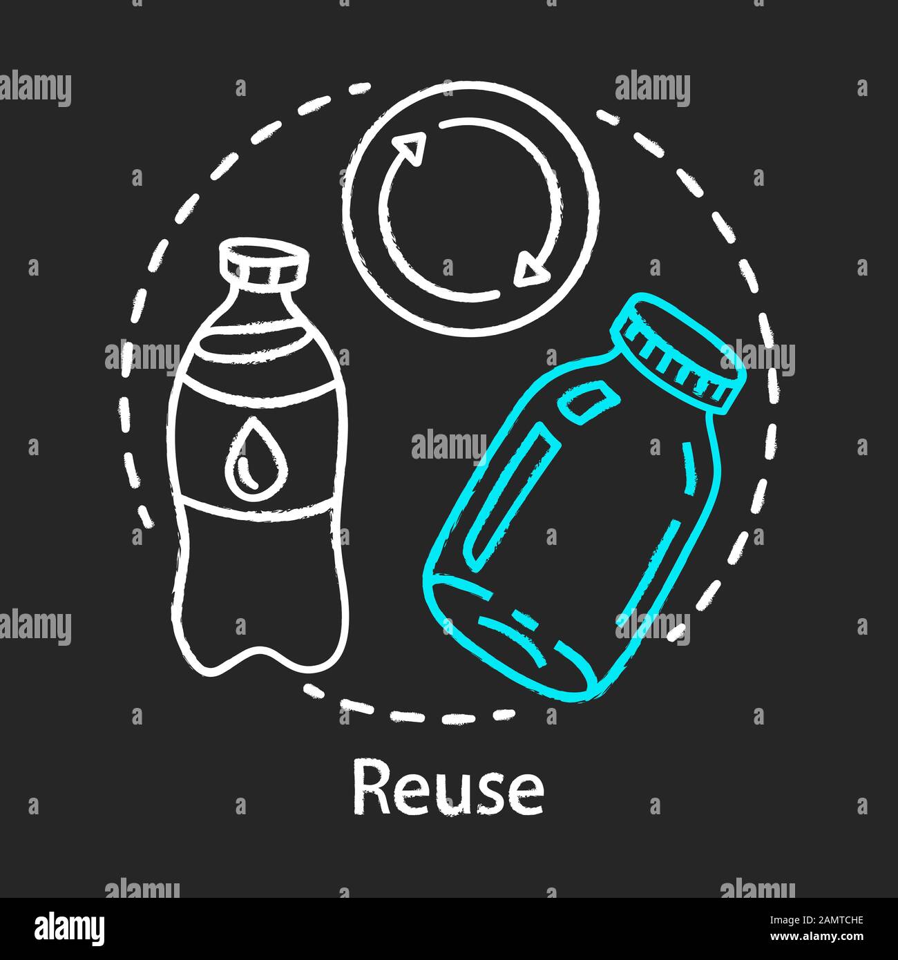 Zero waste products, recycling and reusing items chalk concept icon ...
