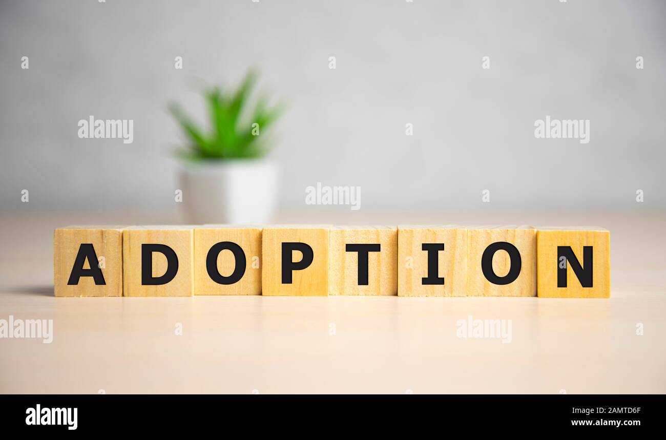 Word Adoption written on wooden blocks ob blue background. Famale ...