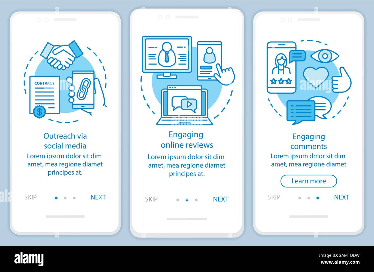Online PR blue onboarding mobile app page screen vector template. Social networks, content ...