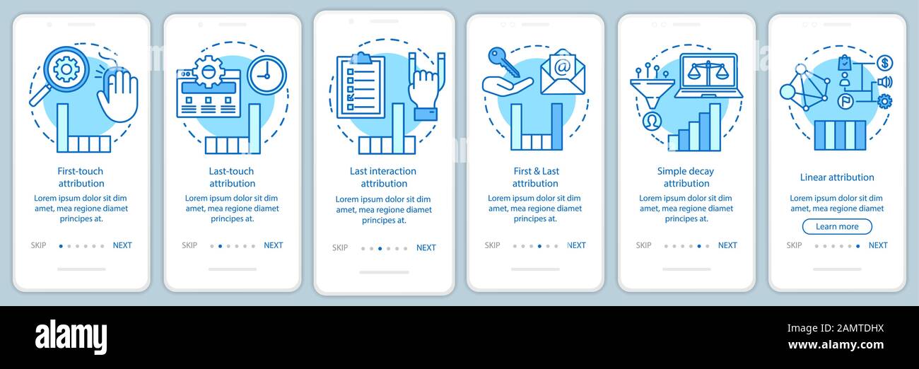 Attribution modeling types blue onboarding mobile app page screen vector template. Diagrams ...