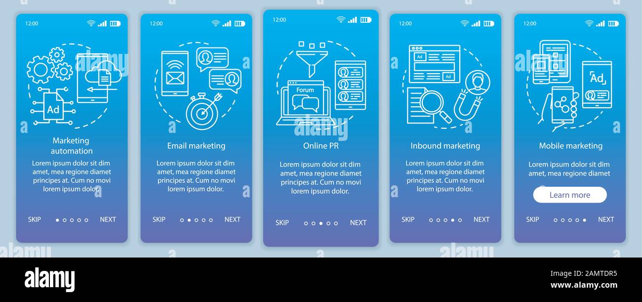 Digital marketing tactics blue onboarding mobile app page screen vector ...