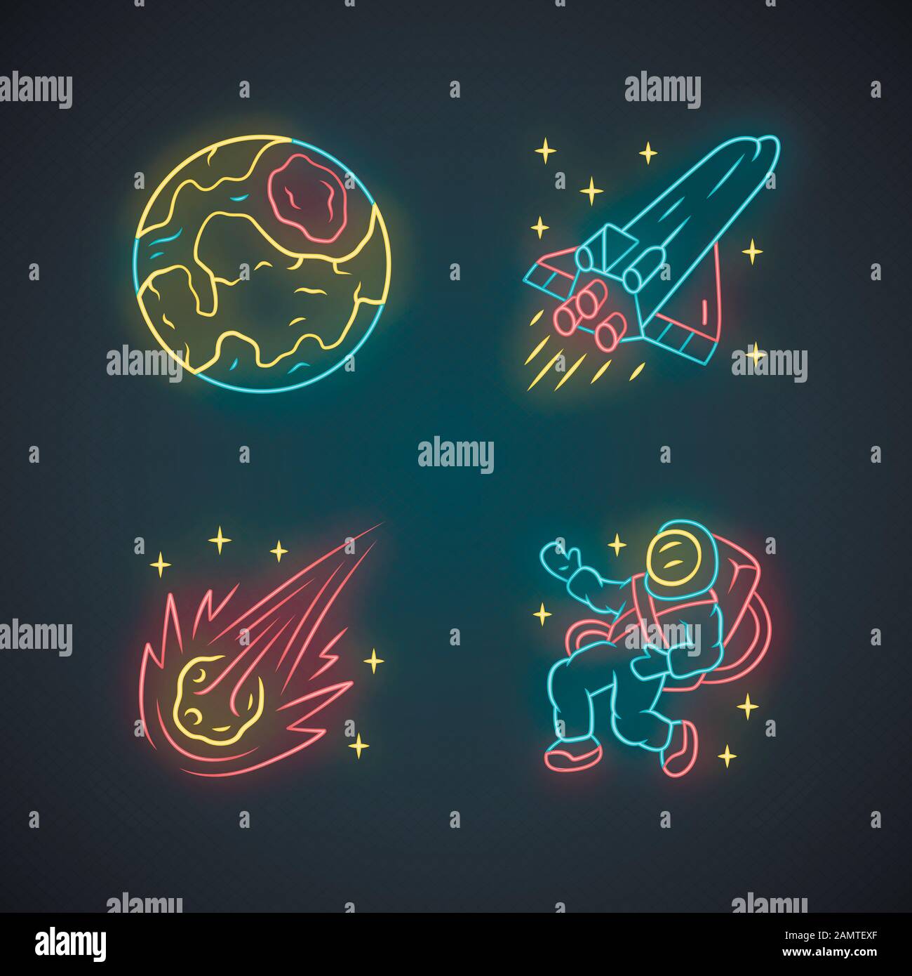 Astronomy neon light icons set. Space exploration. Earth, spaceship, comet, astronaut ...