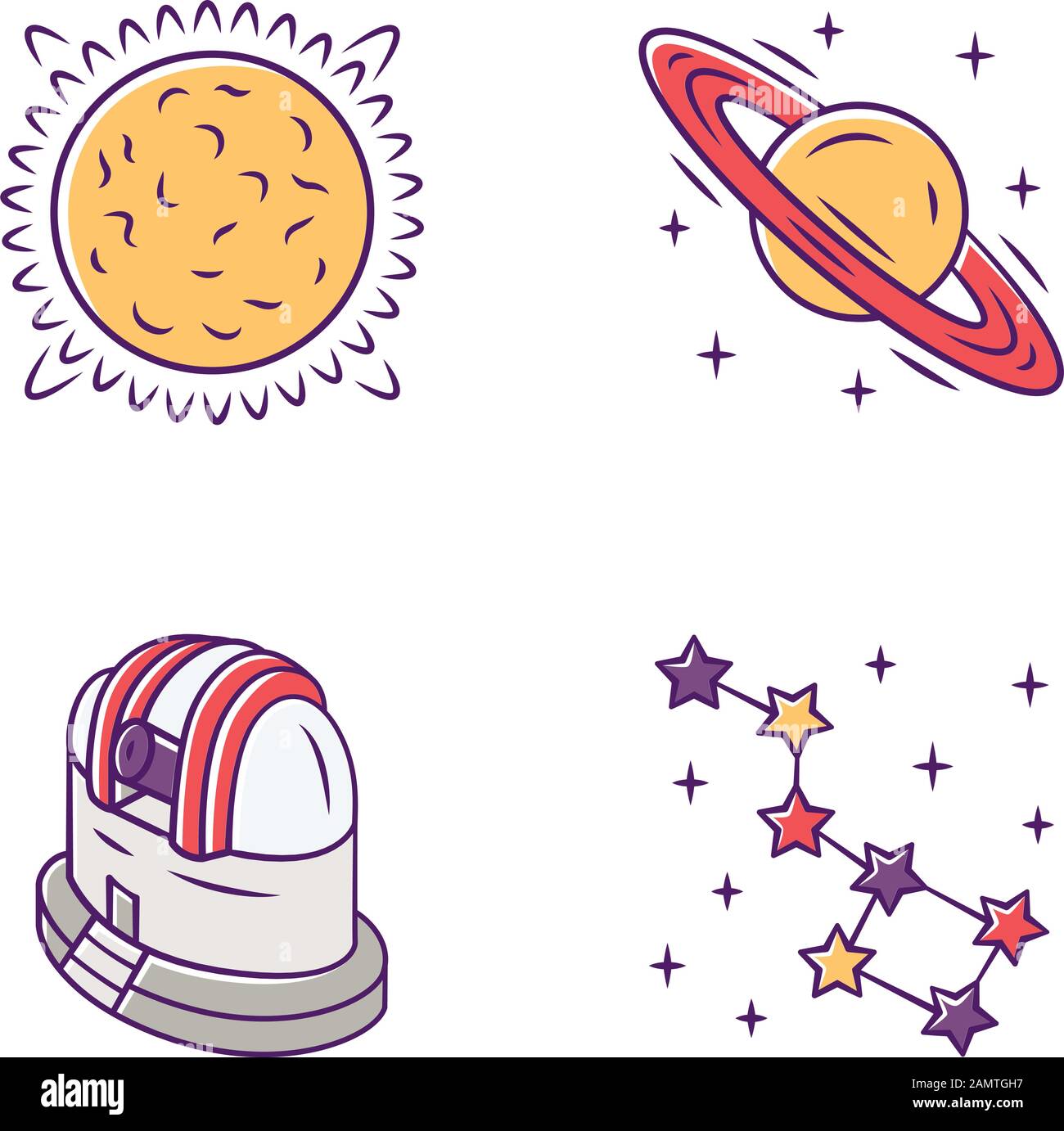 Astronomy color icons set. Space exploration. Sun, Saturn, observatory ...