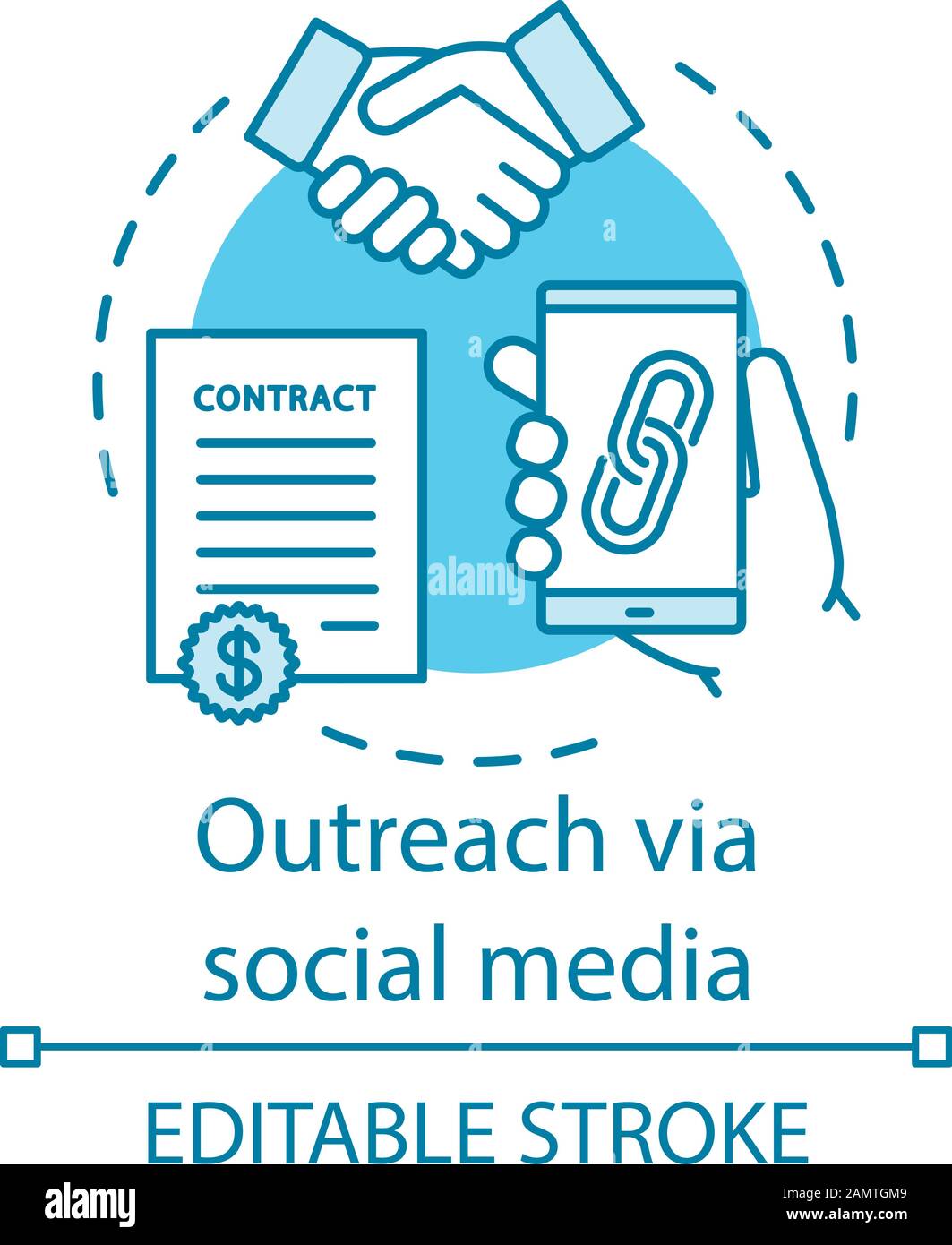 Outreach via social media blue concept icon. Social networks idea thin ...