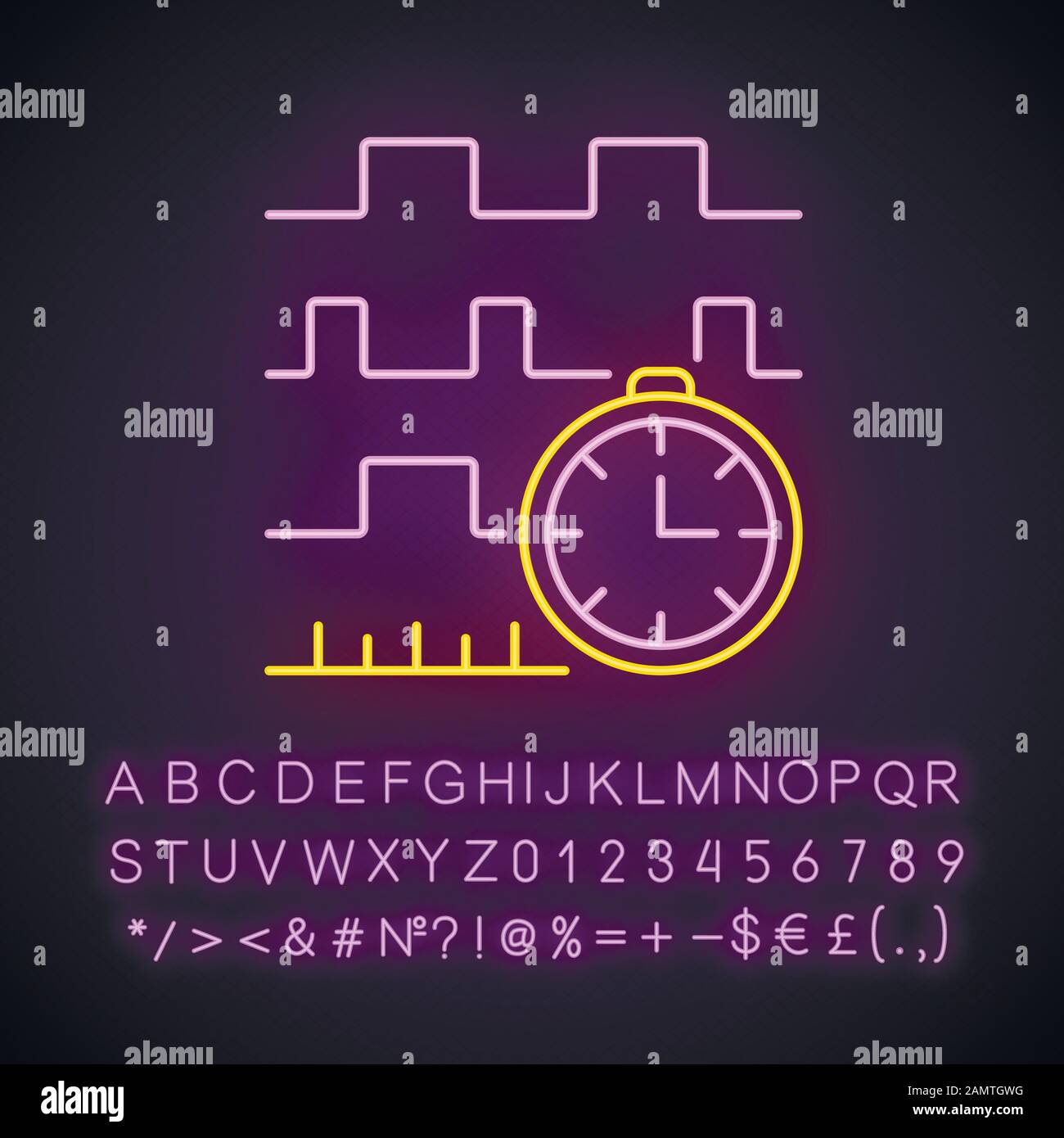 Timing diagram neon light icon. Signals set in time domain. Process ...
