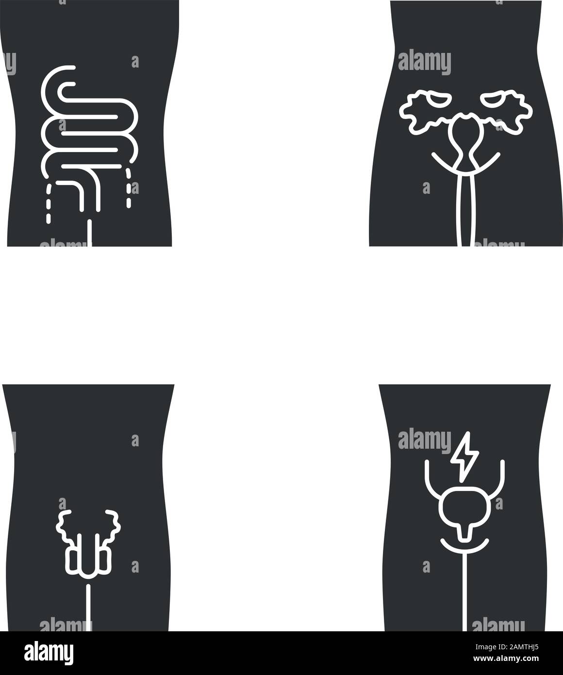 Ill human organs glyph icons set. Sore intestines, urinary bladder ...