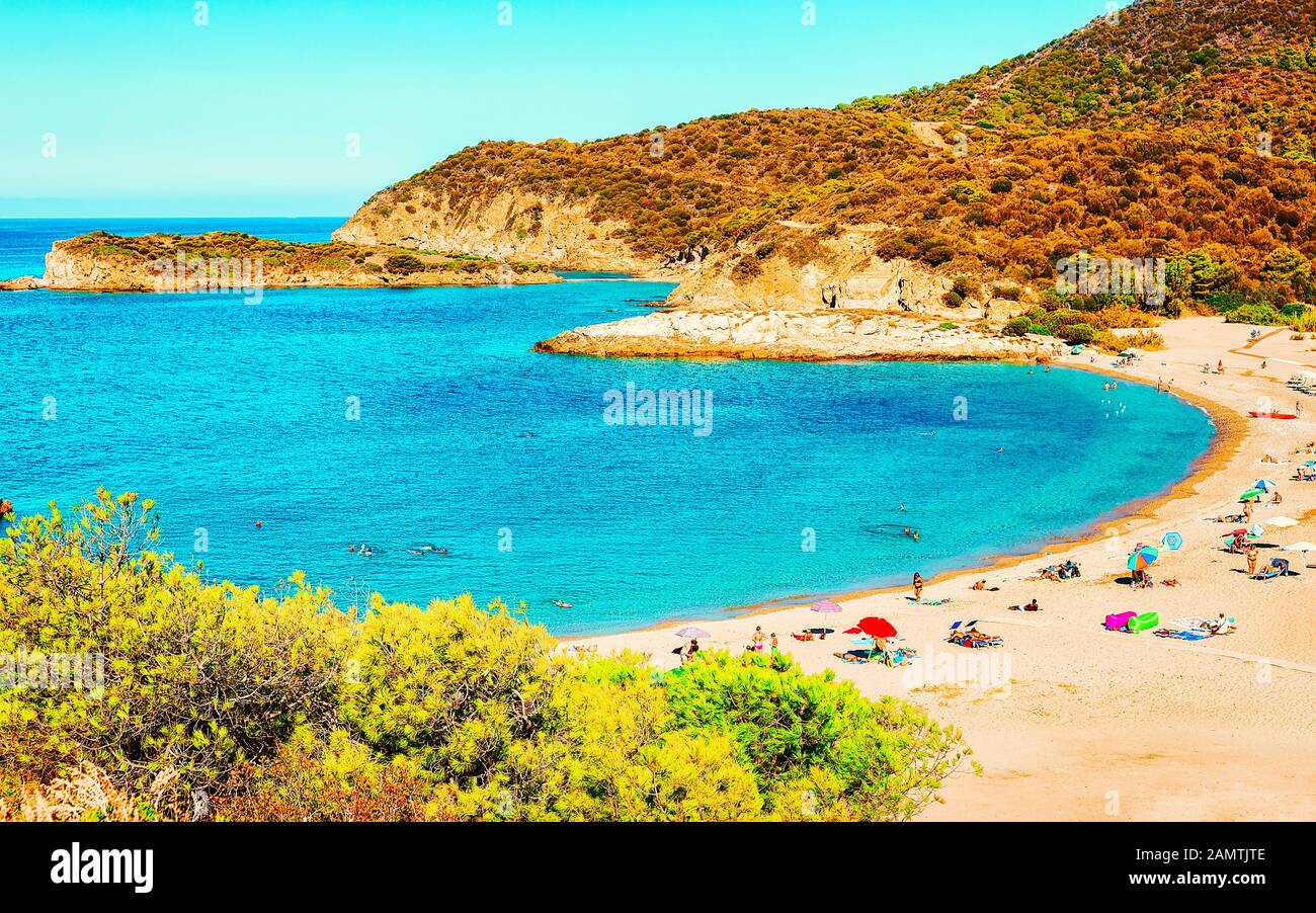 Chia Beach in Mediterranean Sea in South Sardinia of Italy reflex Stock ...