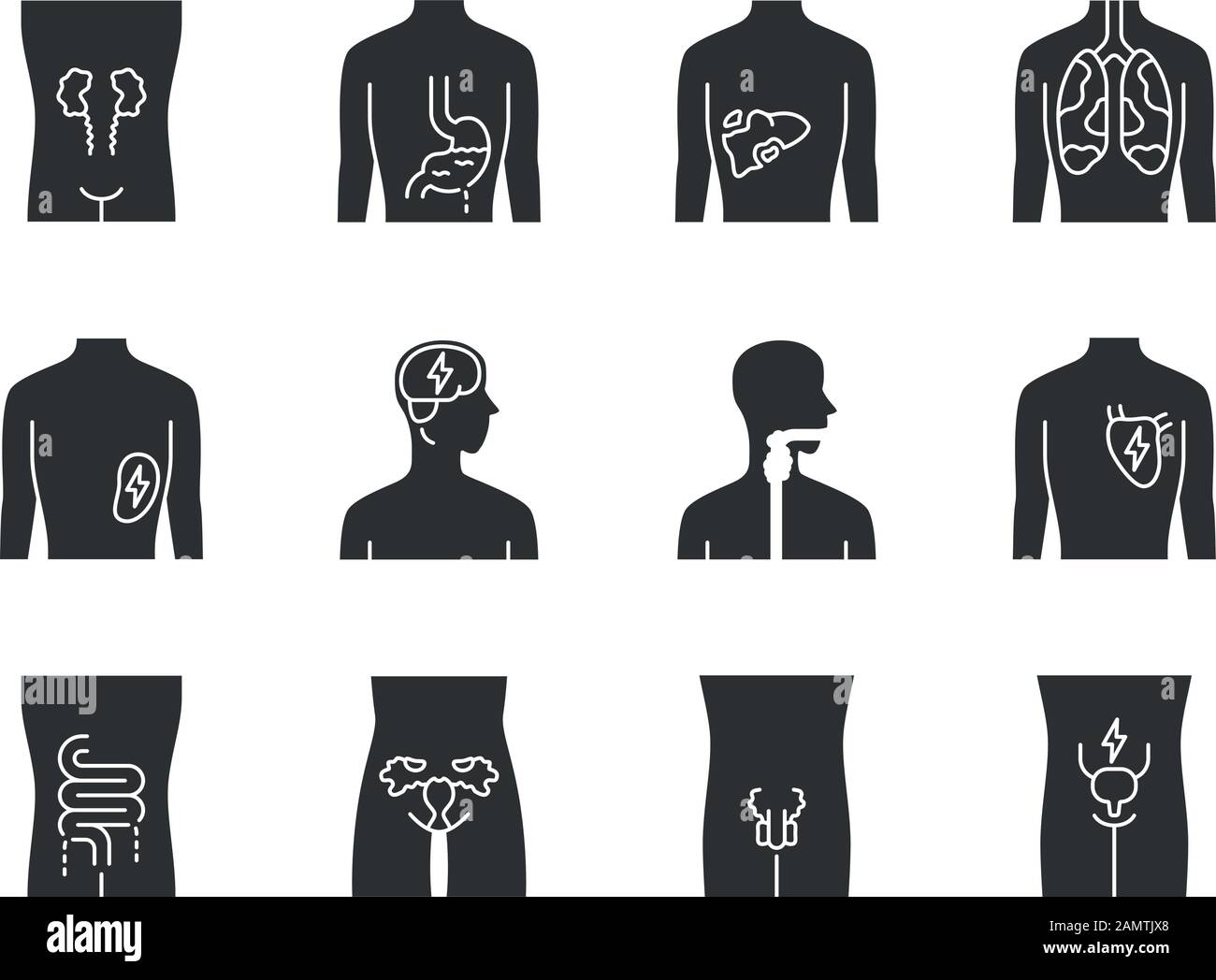 Ill human organs glyph icons set. Sore heart and lungs. Aching throat ...