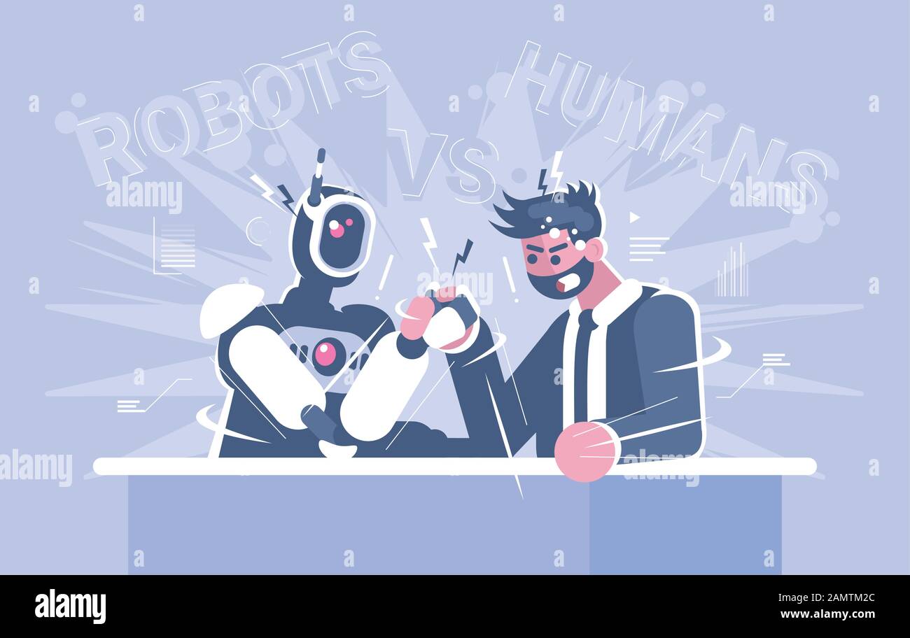Human arm wrestling vs robot flat vector illustration. Robotics ...