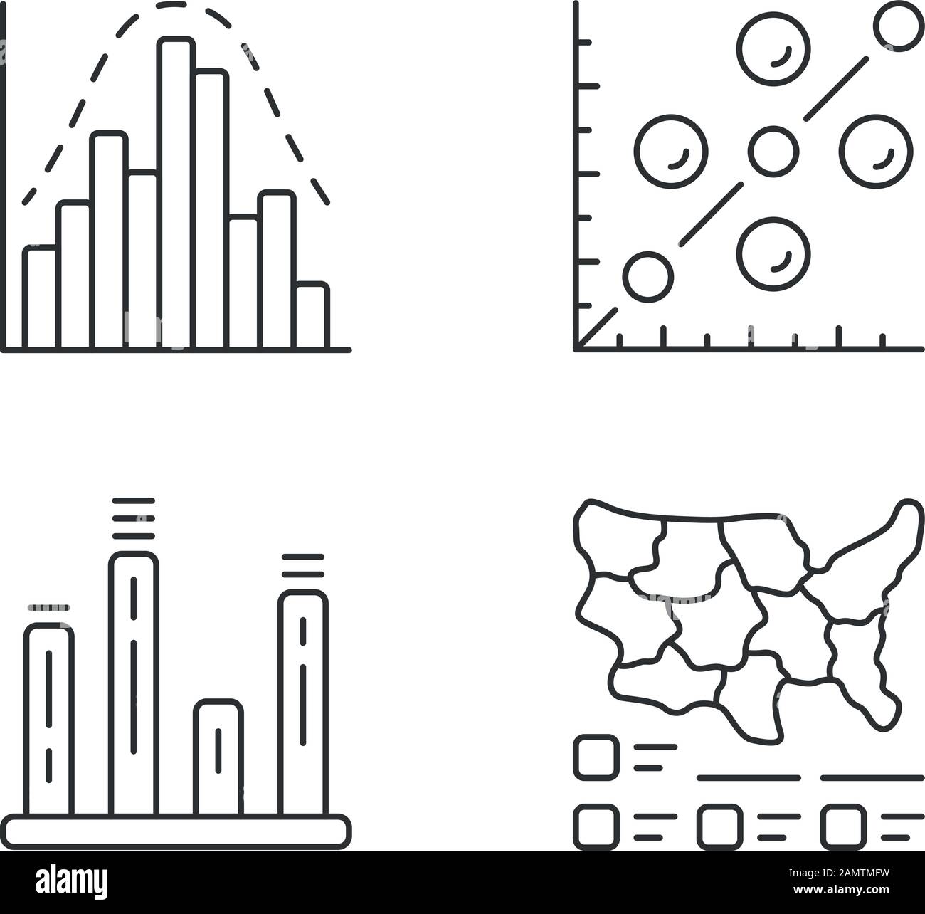 Diagrams linear icons set. Histogram, bar graph, scatter plot ...