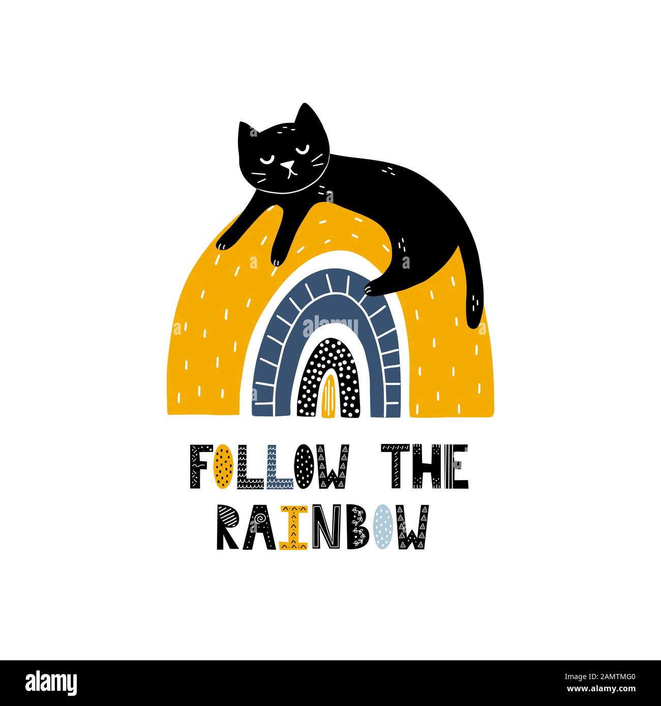 Follow the rainbow card with a cute black cat. Print in scandinavian ...