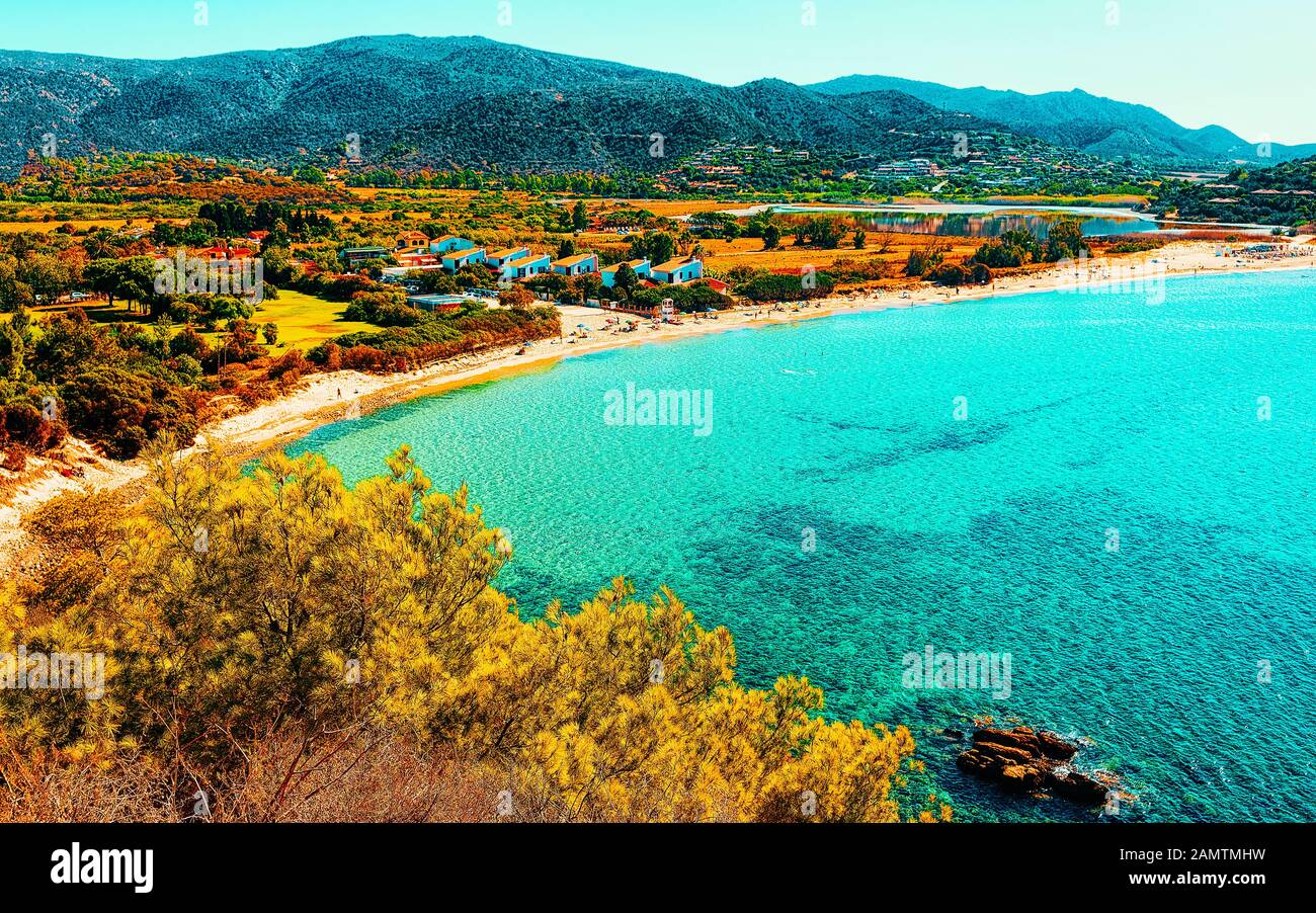 Chia Beach at Mediterranean Sea in South Sardinia of Italy reflex Stock ...