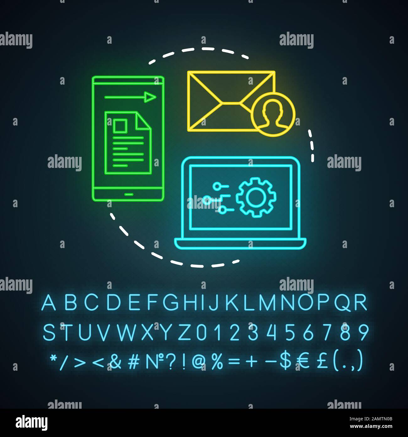 Email newsletters neon light icon. Marketing automation. Company news ...