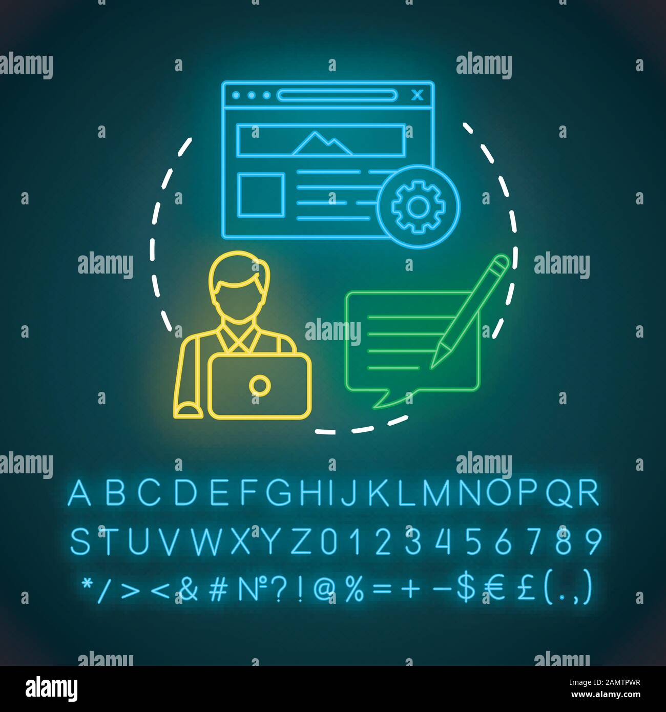 Content marketer neon light icon. Creating, publishing, distributing ...