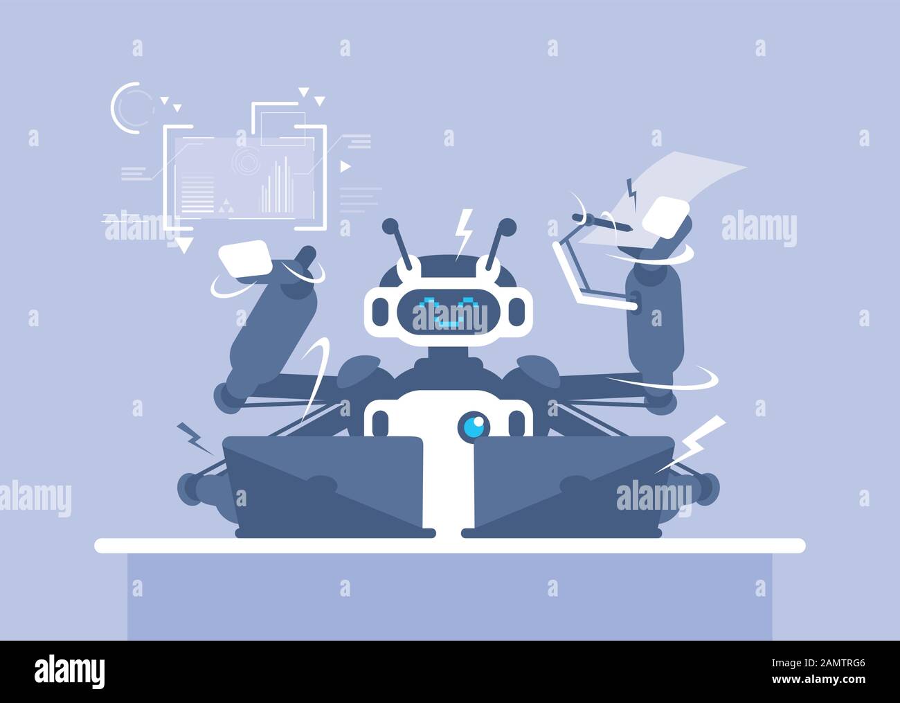 Multitasking robot flat vector illustration. Office worker, manager ...