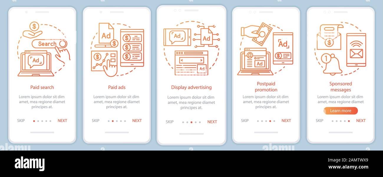 PPC channels orange onboarding mobile app page screen vector template. Media marketing, ad ...