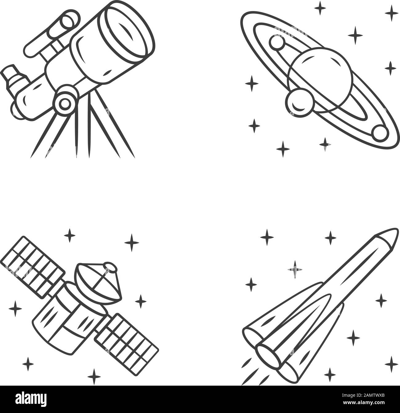 Astronomy linear icons set. Space exploration. Telescope, Solar System, artificial satellite ...