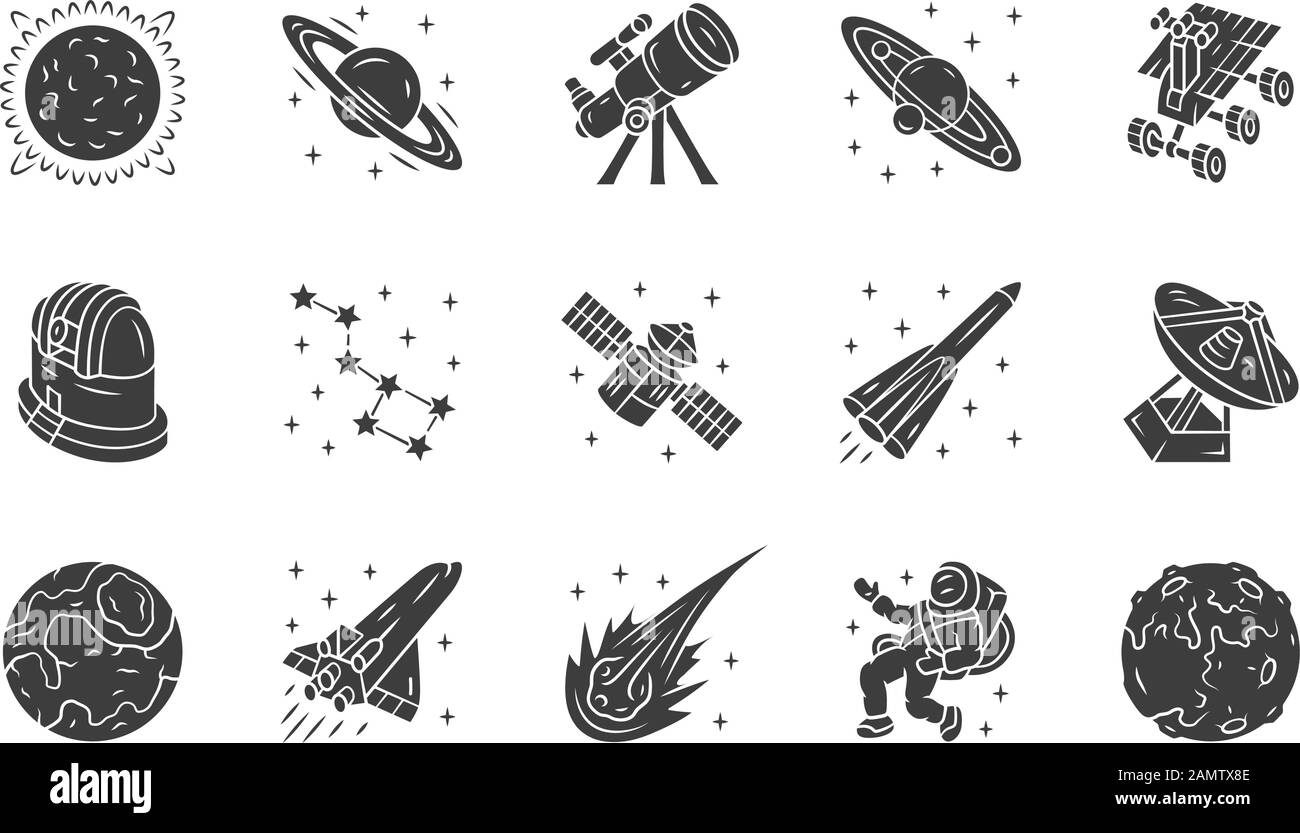 Astronomy glyph icons set. Space exploration. Astronomic. Starry sky study. Astrophysics ...
