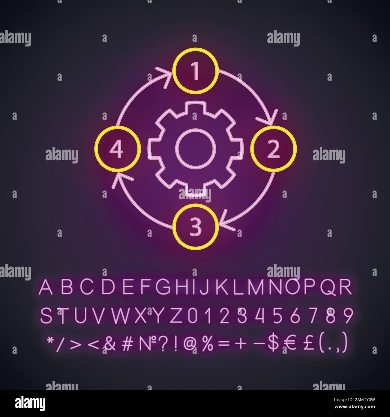 Process diagram neon light icon. PFD. Flowsheet. Continuous process map. Deployment flowchart ...