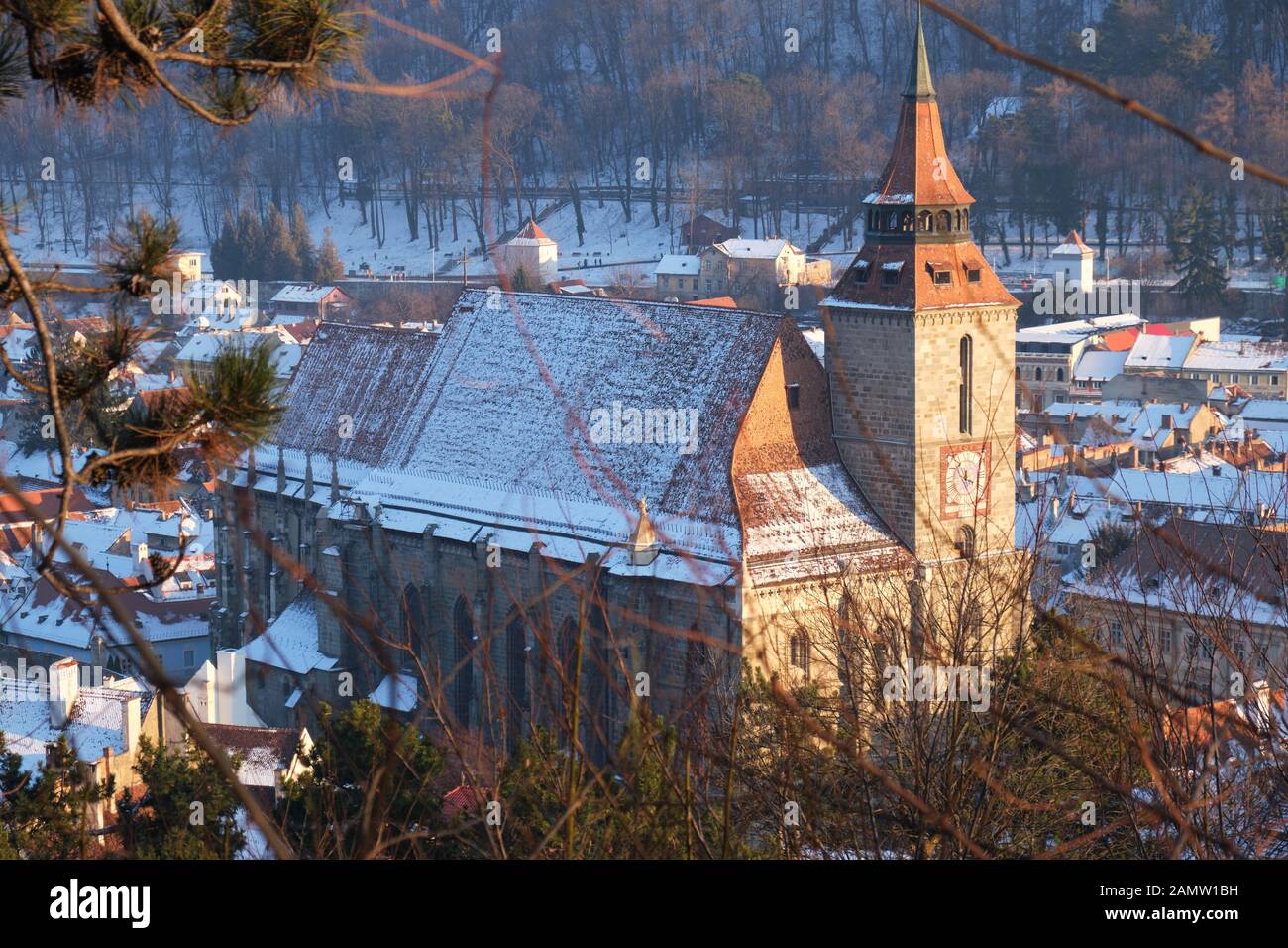 Gothic-style Black Church of Brasov city, Romania, as seen from a high ...