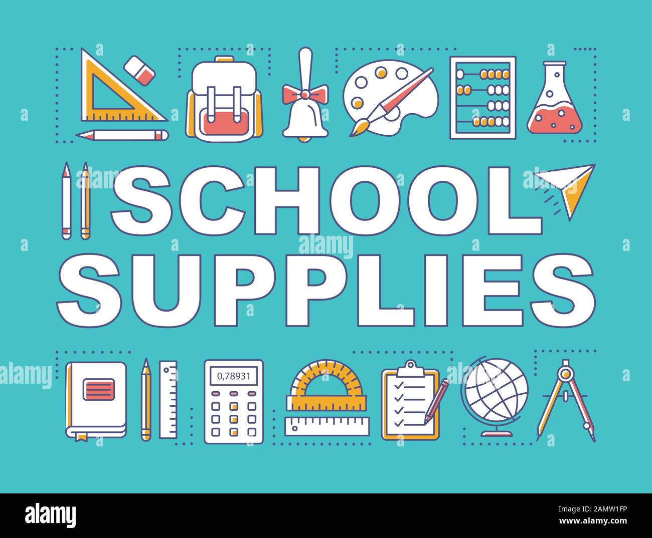 School supplies word concepts banner. Accessories, stationery for math ...