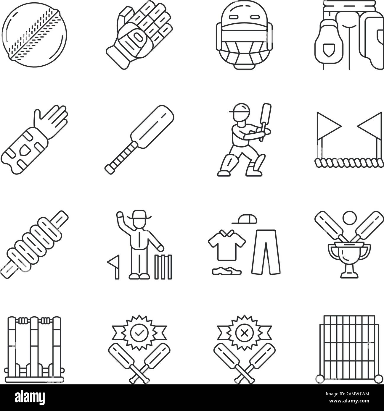 Cricket championship linear icons set. Sport uniform, protective gear ...